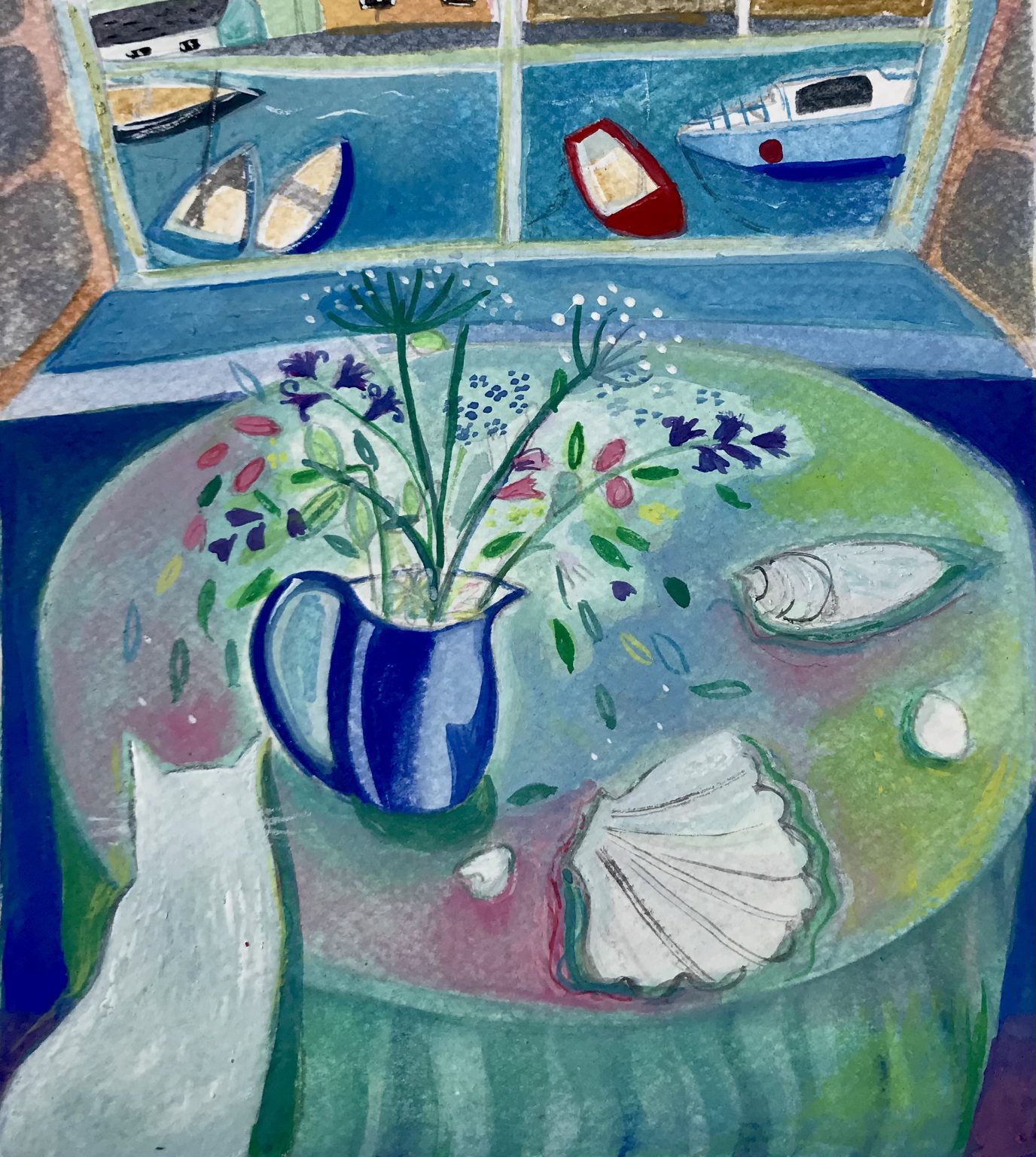 White cat and shells – Kate Wrigglesworth